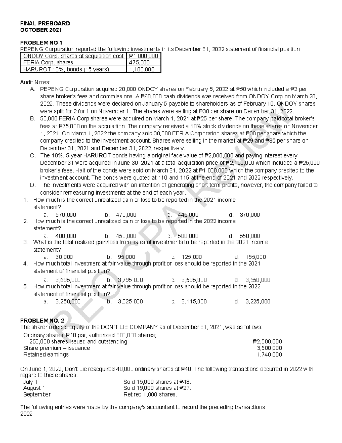 AP final preboard with highlight - REO CPA Review FINAL PREBOARD OCTOBER 2021 PROBLEM NO 1 ...