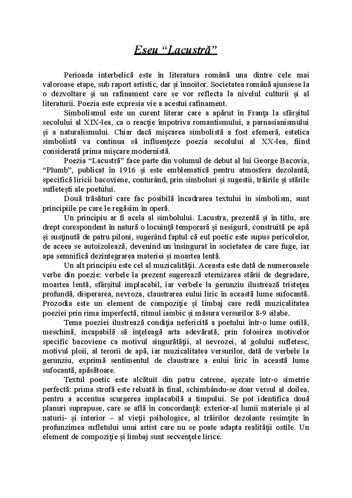 Eseu lacustra - Helpful - Eseu “Lacustră” Perioada interbelică este în ...