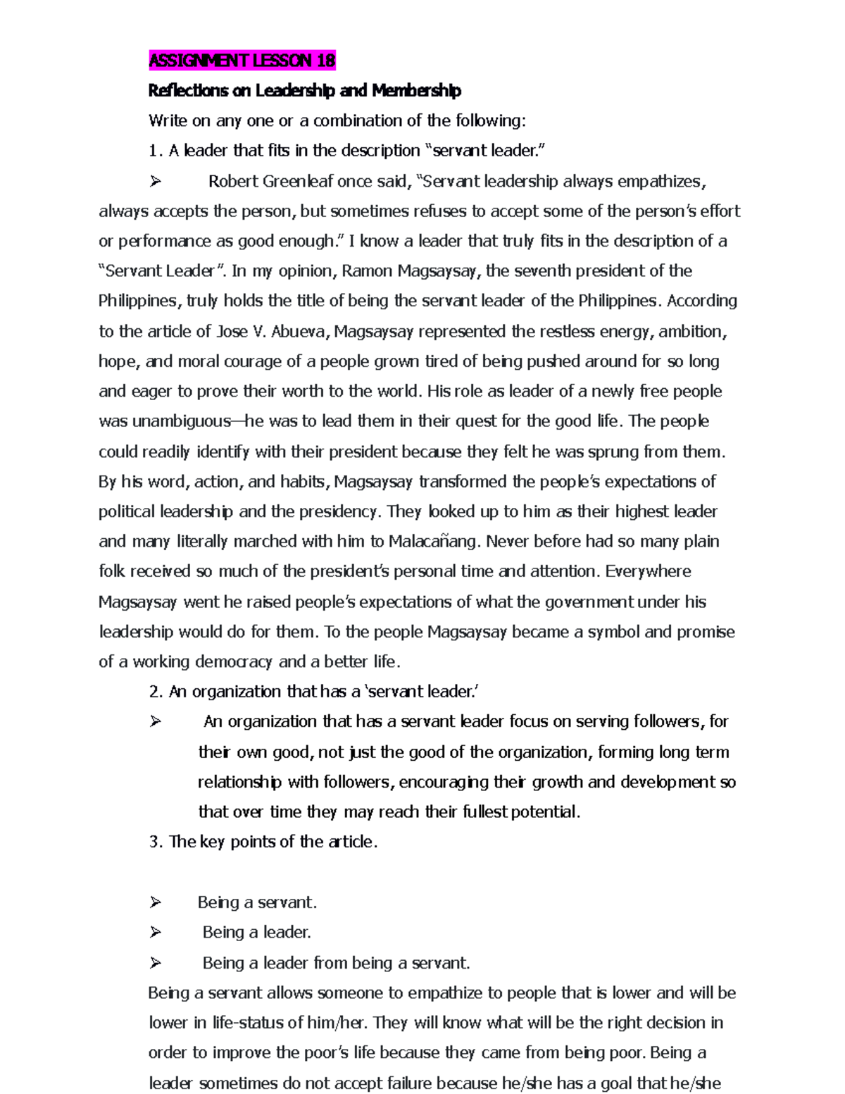 Lesson 18 assignment - Reflections on Leadership and Membership Write ...