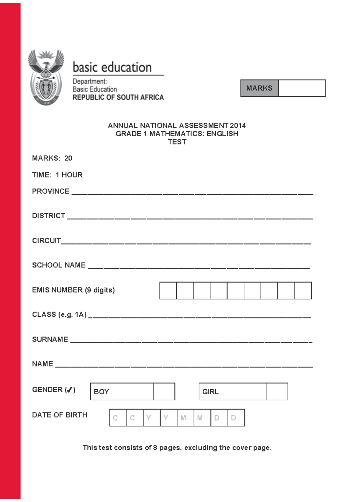 2014 ANA Grade 1 English Mathematics - - Studocu