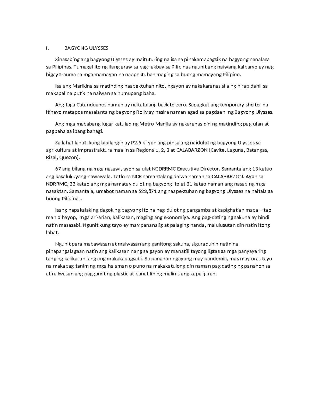 Bagyong Ulysses - fgbf - I. BAGYONG ULYSSES Sinasabing ang bagyong ...
