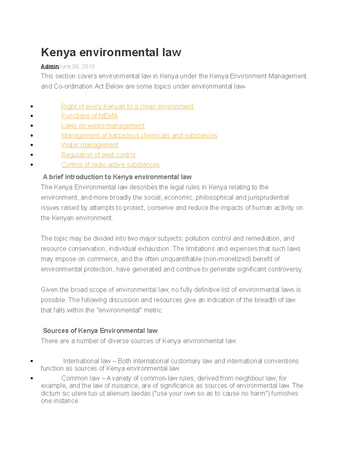 Kenya environmental law - The topic may be divided into two major ...