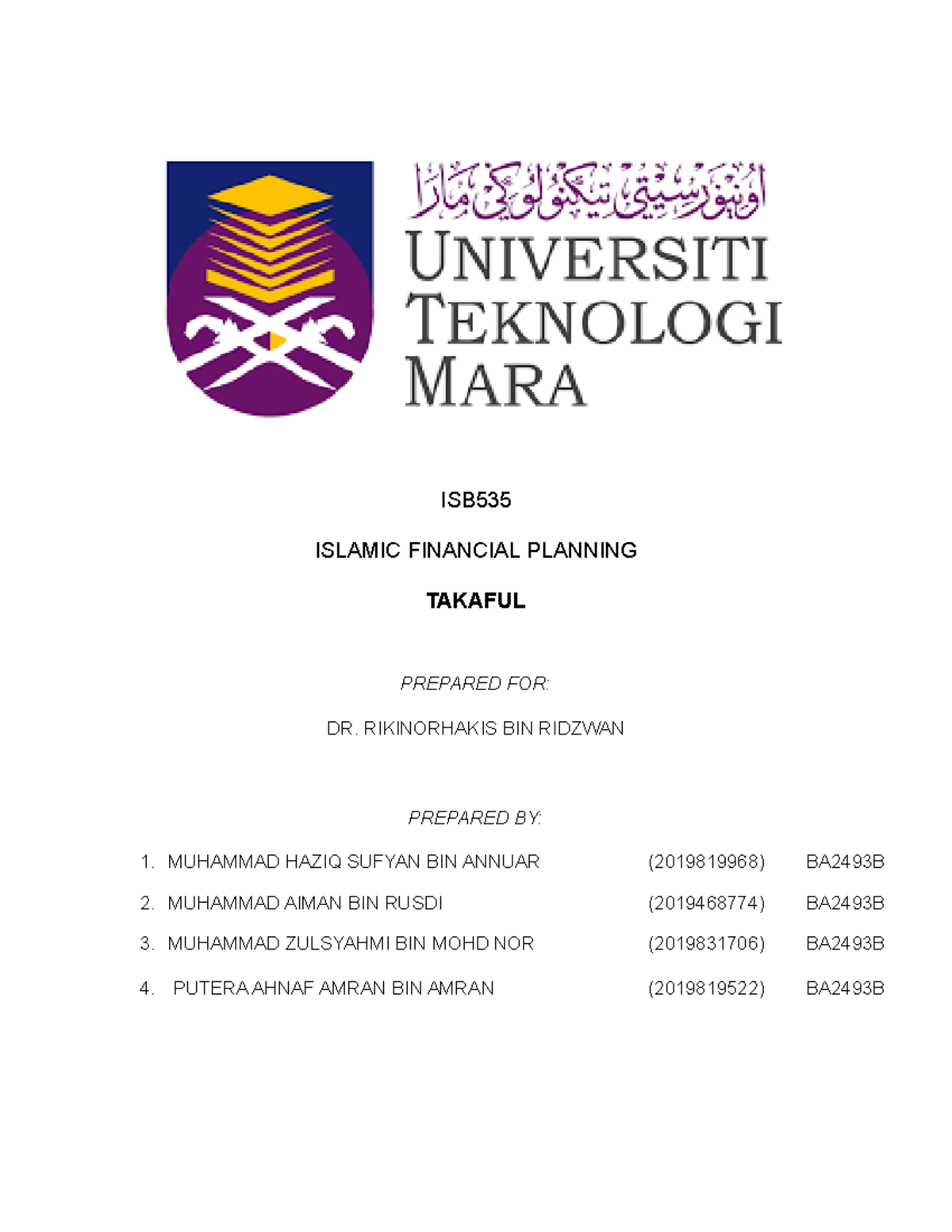 Takaful ISB535 Final Report Group Assignment - Introduction to Usul ...