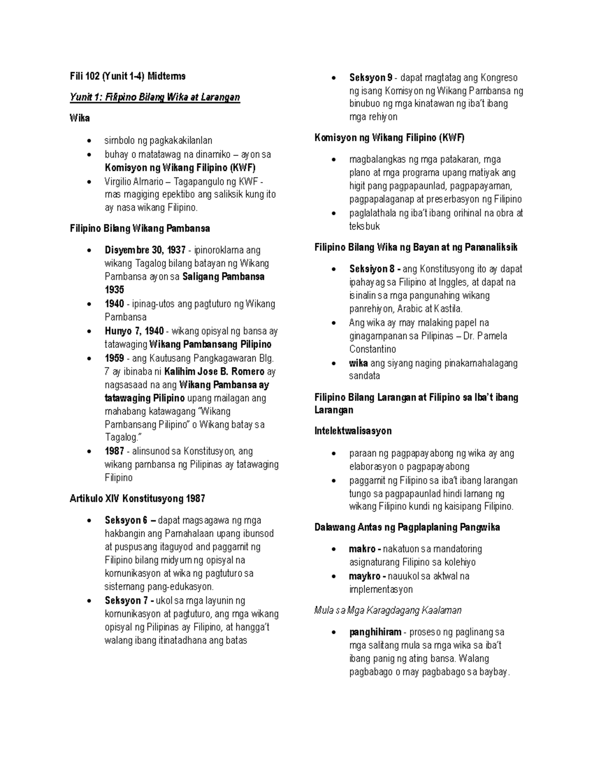 Filipino-Final - go go - Fili 102 (Yunit 1-4) Midterms Yunit 1 ...