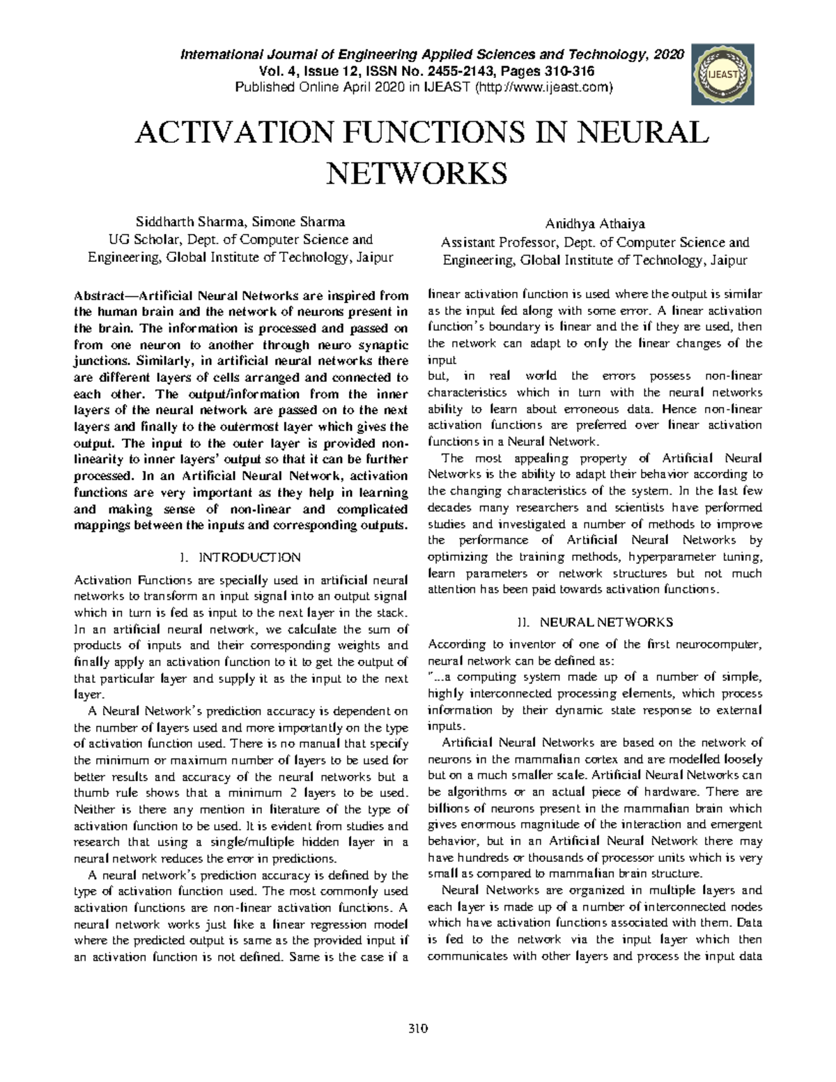 Activation Functions IN Neural Networks - Vol. 4, Issue 12, ISSN No ...
