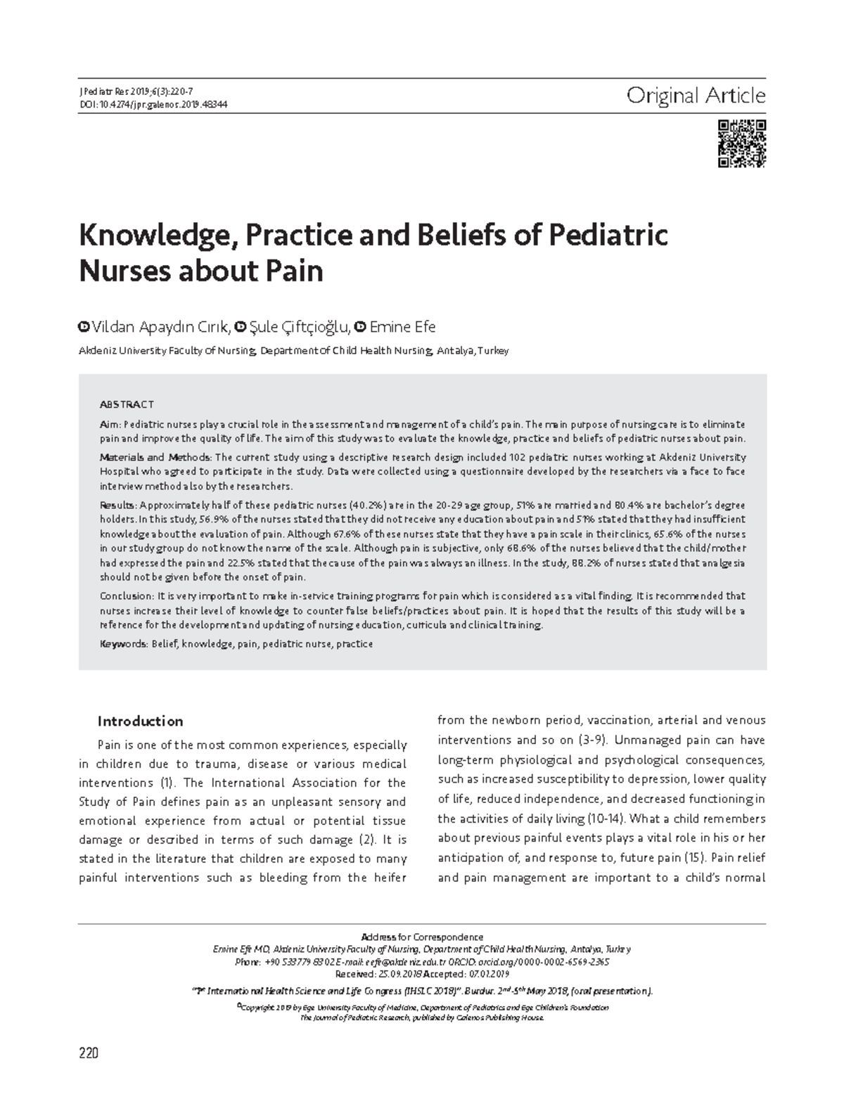 Knowledge Practice and Beliefs of Pediatric Nurses - Ori gi nal Ar tic ...