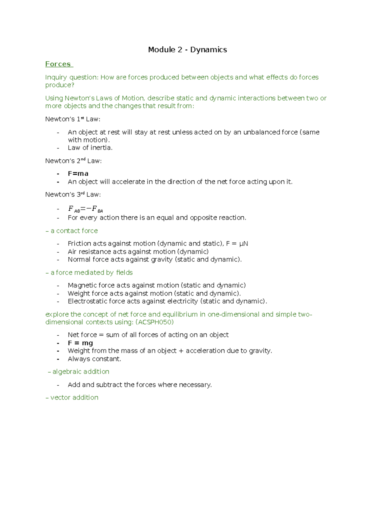 Module 2 - dynamics - Module 2 - Dynamics Forces Inquiry question: How are forces produced ...