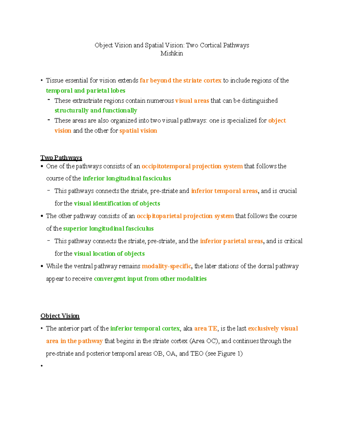 Mishkin Object Vision and Spatial Vision Two Cortical Pathways - Psyc 213 - McGill - Studocu