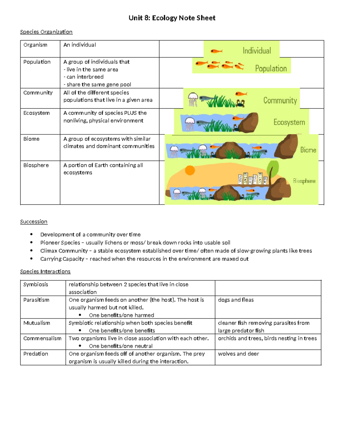 Unit 8 Note Sheet - Review of major unit concepts - Unit 8: Ecology ...