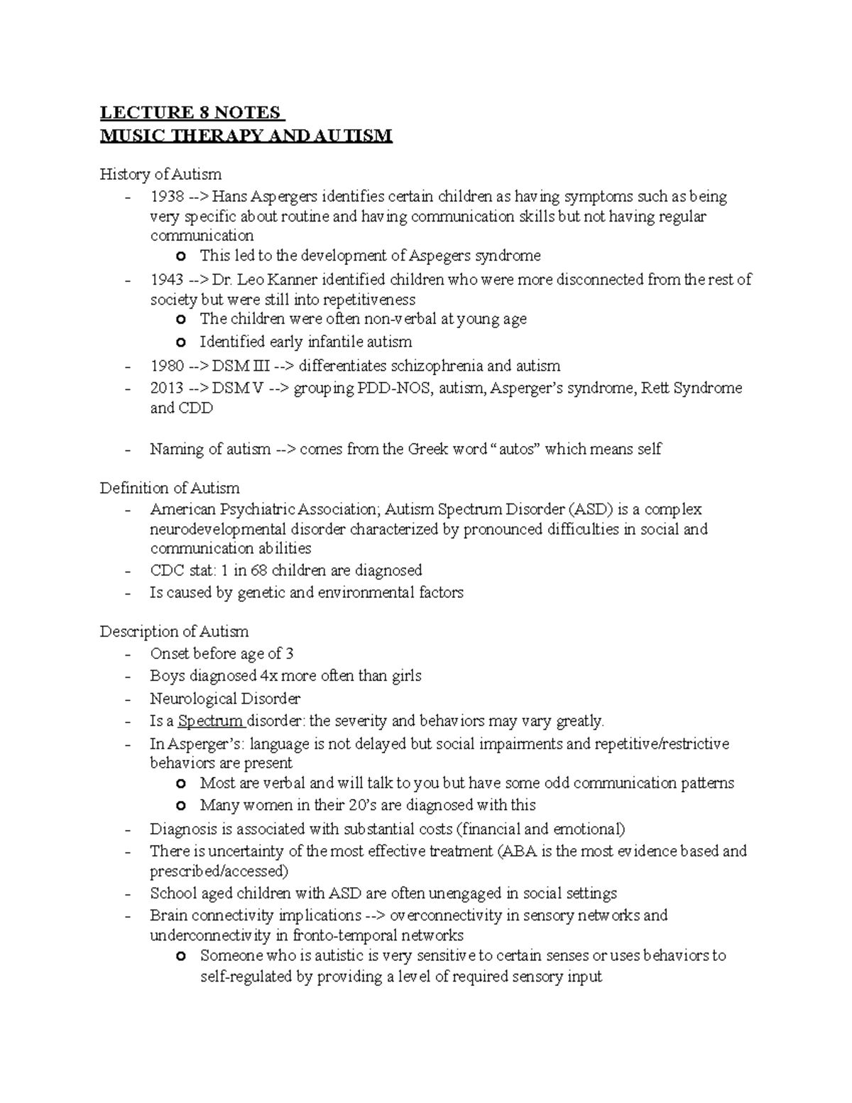 8 - LECTURE 8 NOTES MUSIC THERAPY AND AUTISM History of Autism - 1938 ...