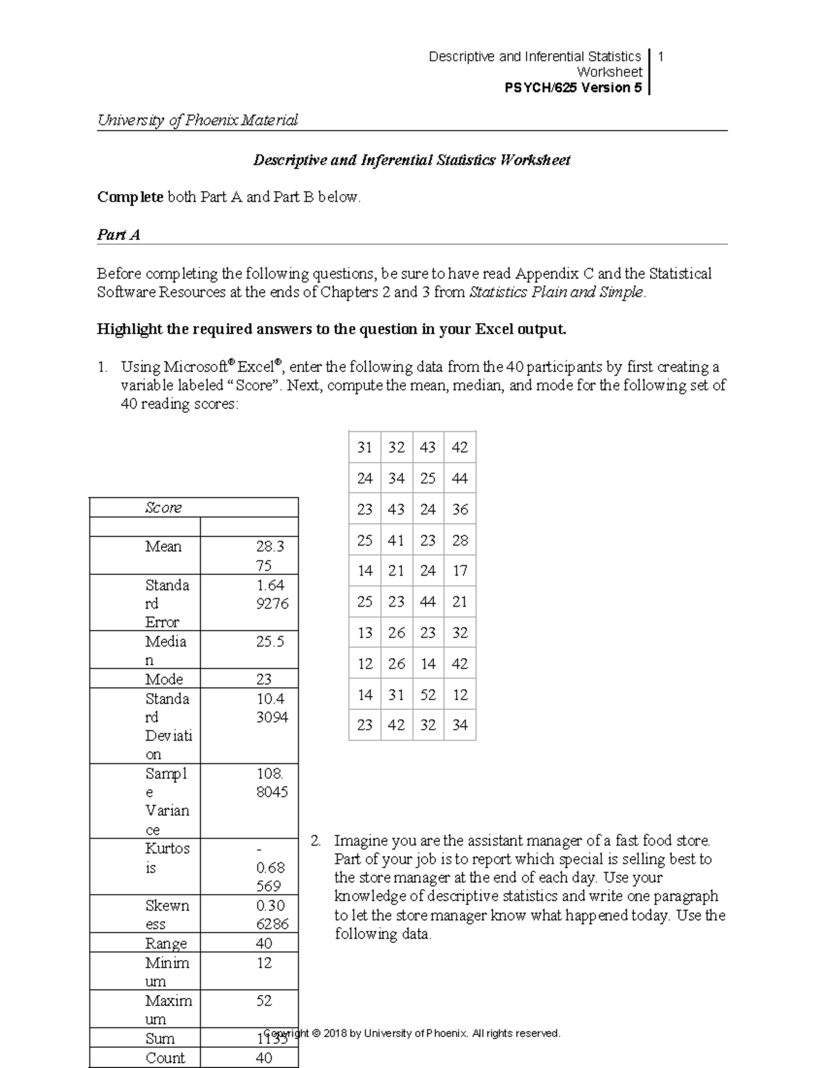 Psych 625r5 Wk1 Descriptive Inferential Statistics solution - Worksheet ...