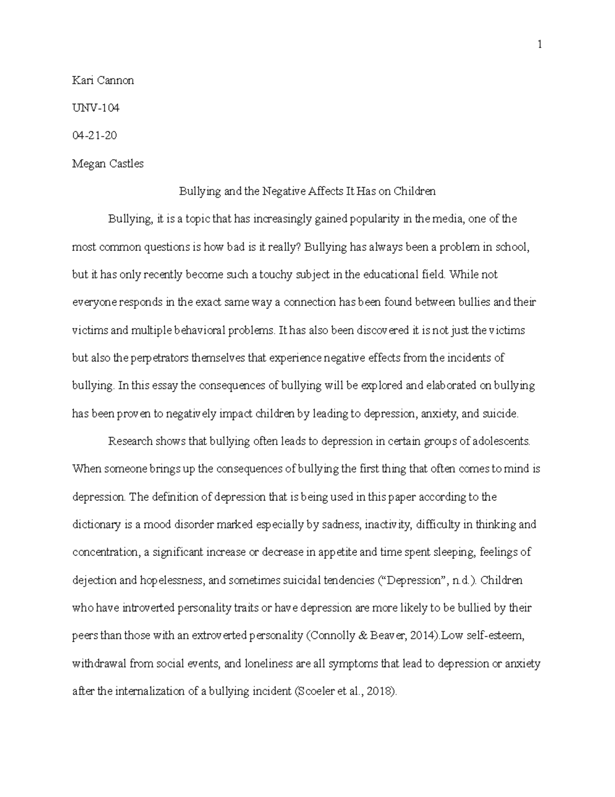 Rough Draft essay - Kari Cannon UNV- 04-21- Megan Castles Bullying and ...