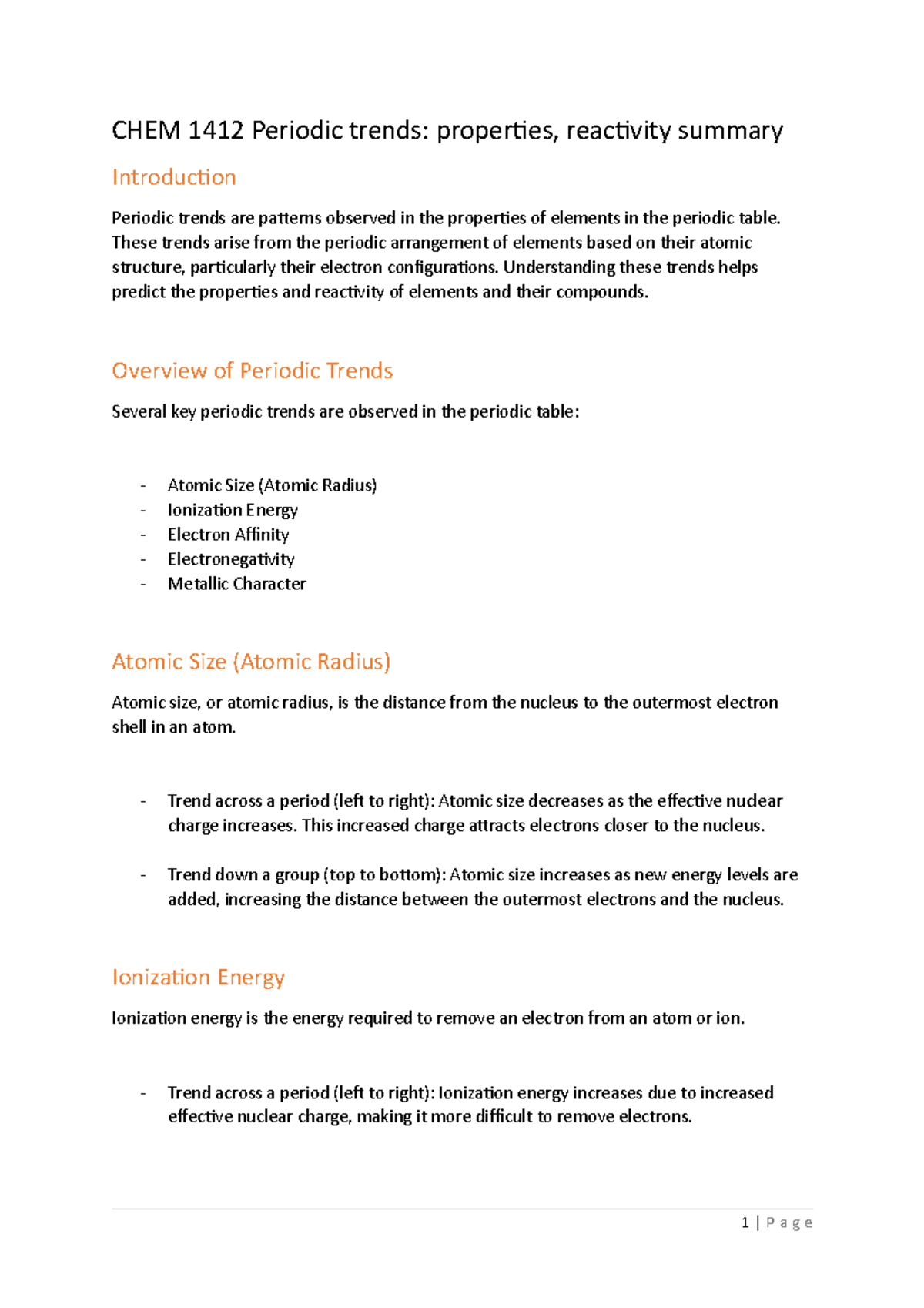CHEM 1412 Periodic trends summary - CHEM 1412 Periodic trends ...