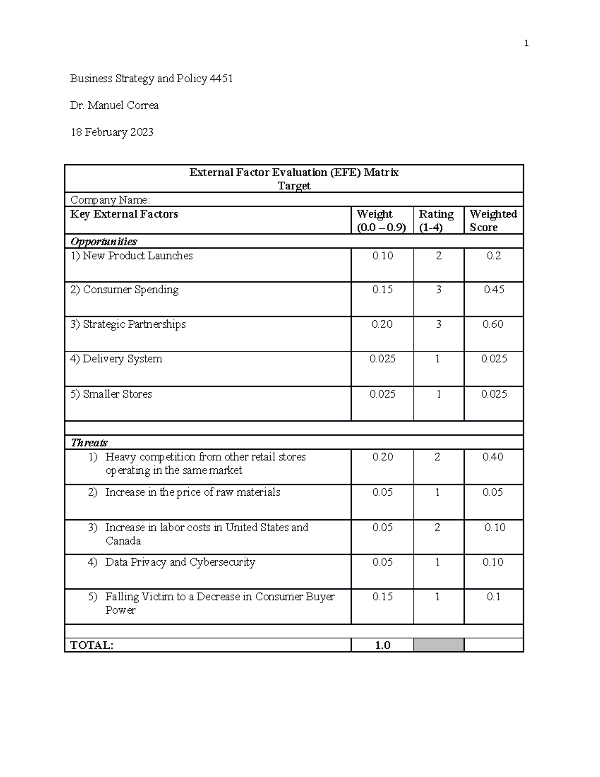Written Assign #3 EFE Matrix Template -1 - Business Strategy and Policy ...