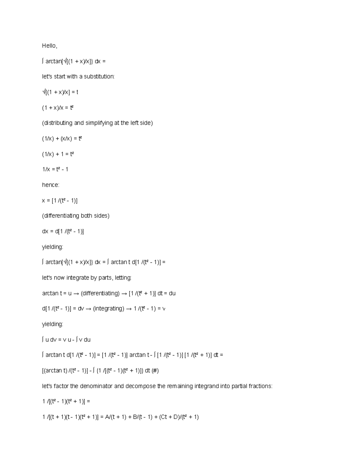Integration Inverse TAN - Hello, ∫ arctan[√[(1 + x)/x]} dx = let's ...