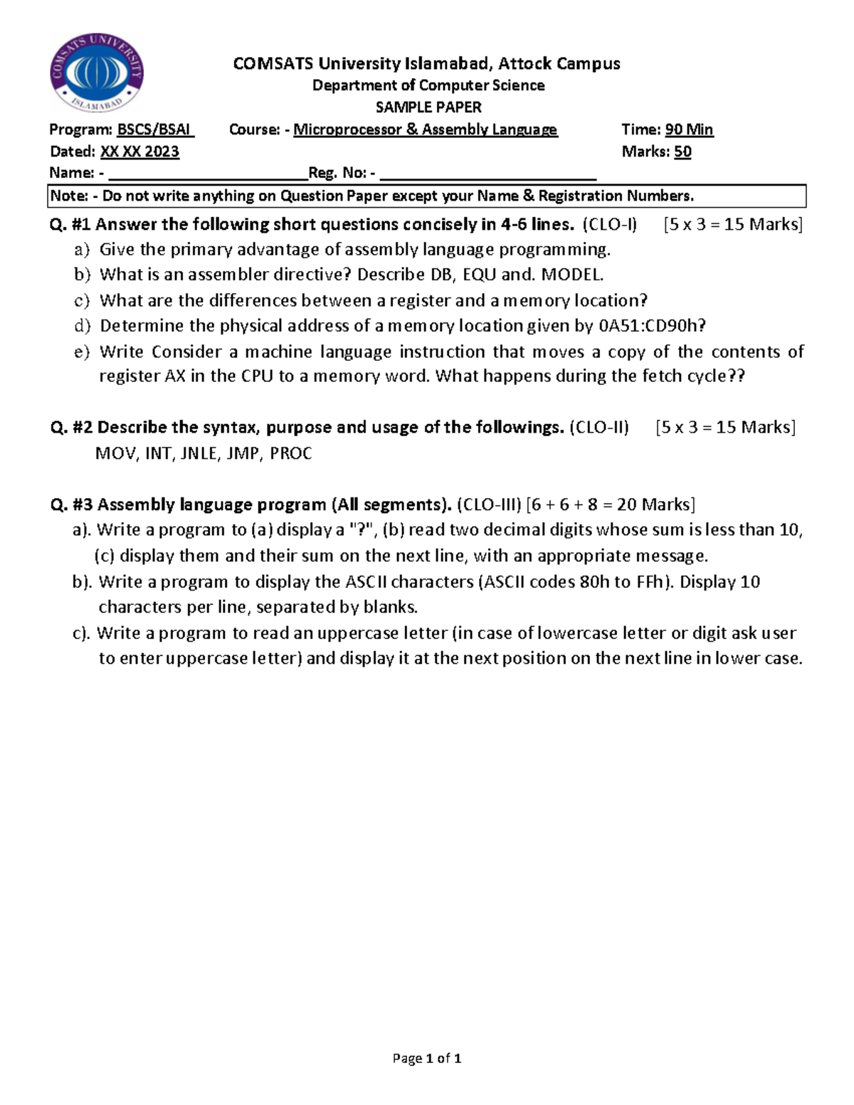 Midterm Sample Paper - ... . - Page 1 of 1 COMSATS University Islamabad, Attock - Studocu