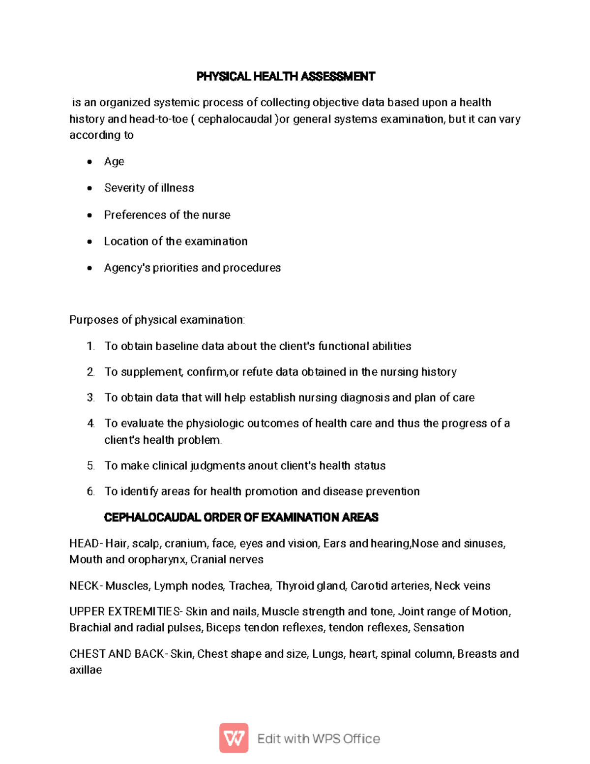 Physical Assessment - PHYSICAL HEALTH ASSESSMENT is an organized ...