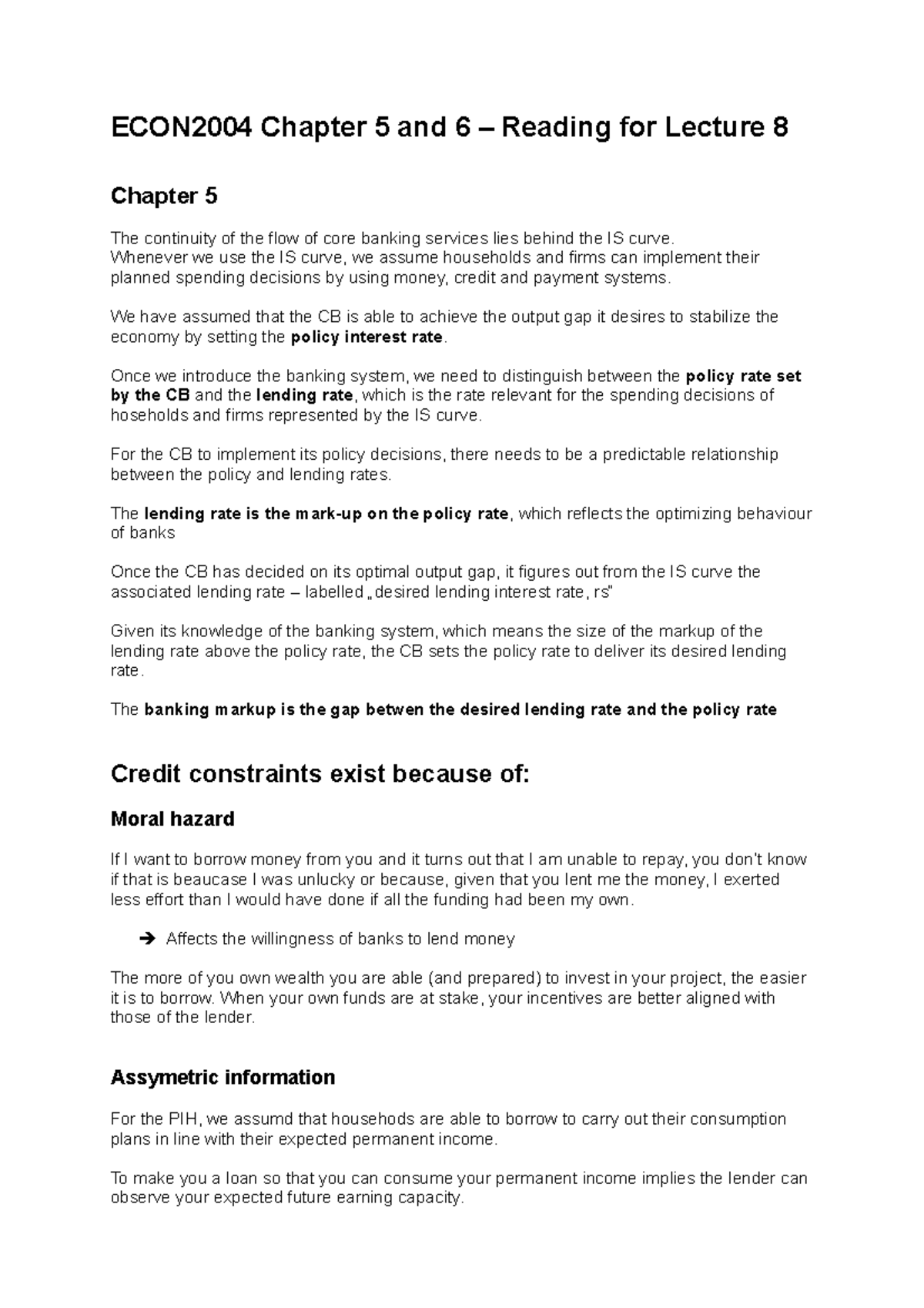 ECON2004 Term 1 Reading Lecture 8 - ECON2004 Chapter 5 and 6 Reading for Lecture 8 Chapter 5 The ...