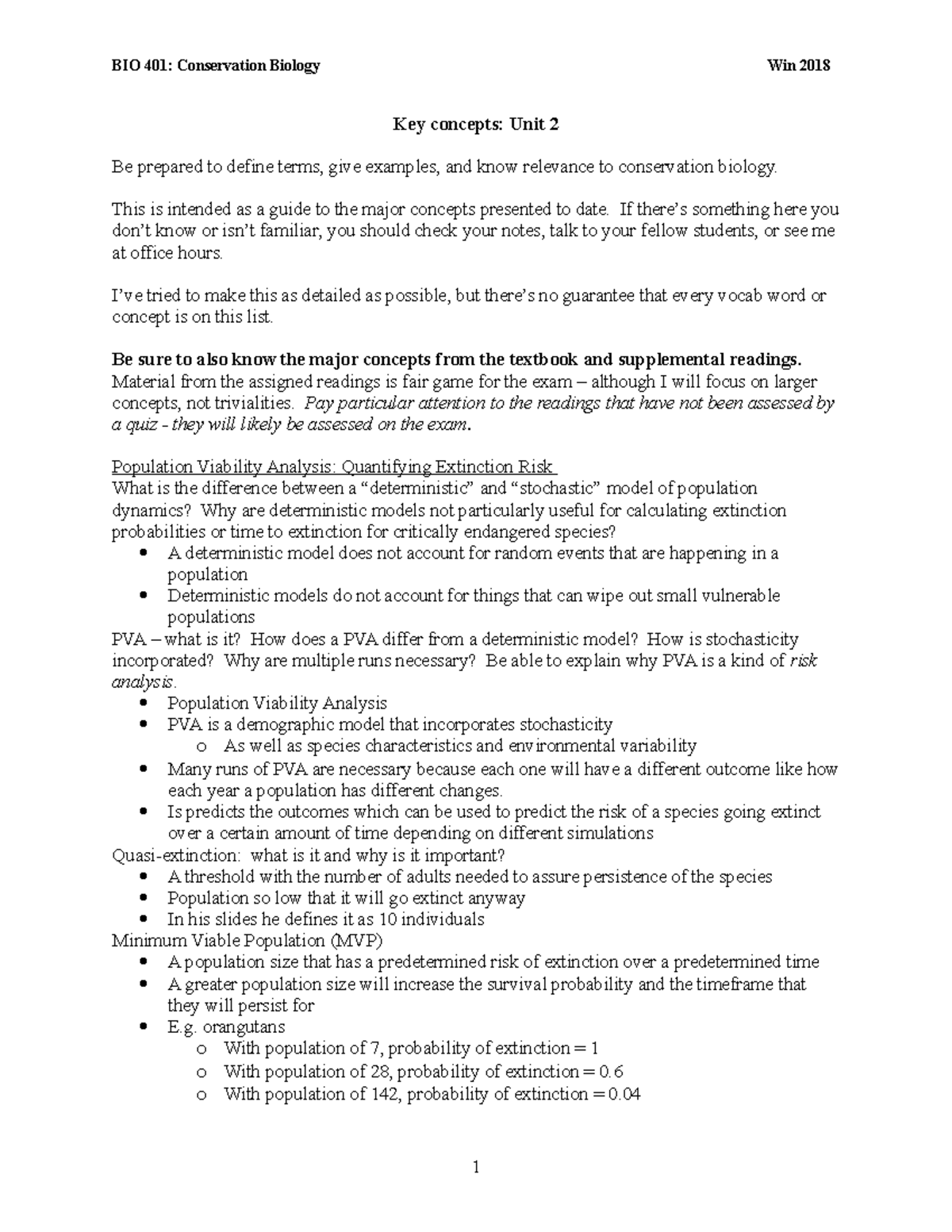 Unit 2 Concept List 2018 BIO 401 Conservation Biology Win 2018 Key unit-2-concept-list-2018-bio-401-conservation-biology-win-2018-key