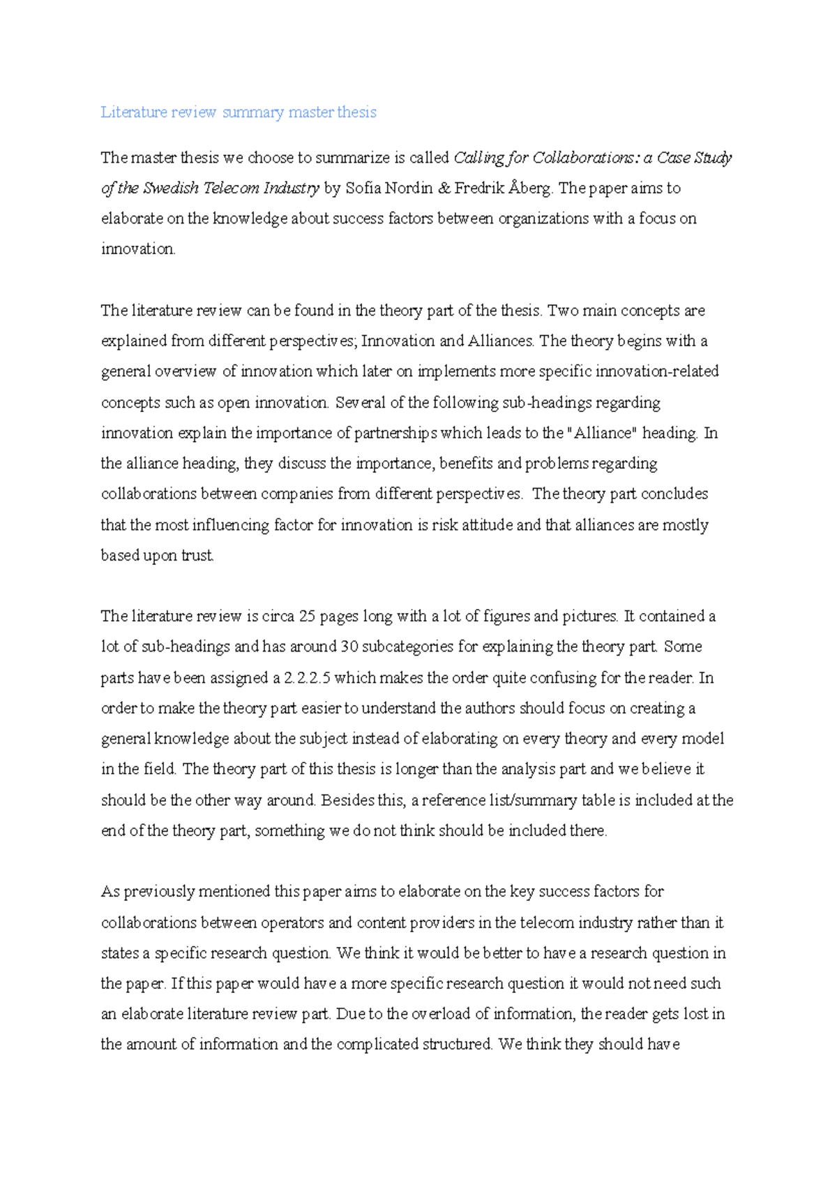 Literature review summary master thesis - The paper aims to elaborate ...