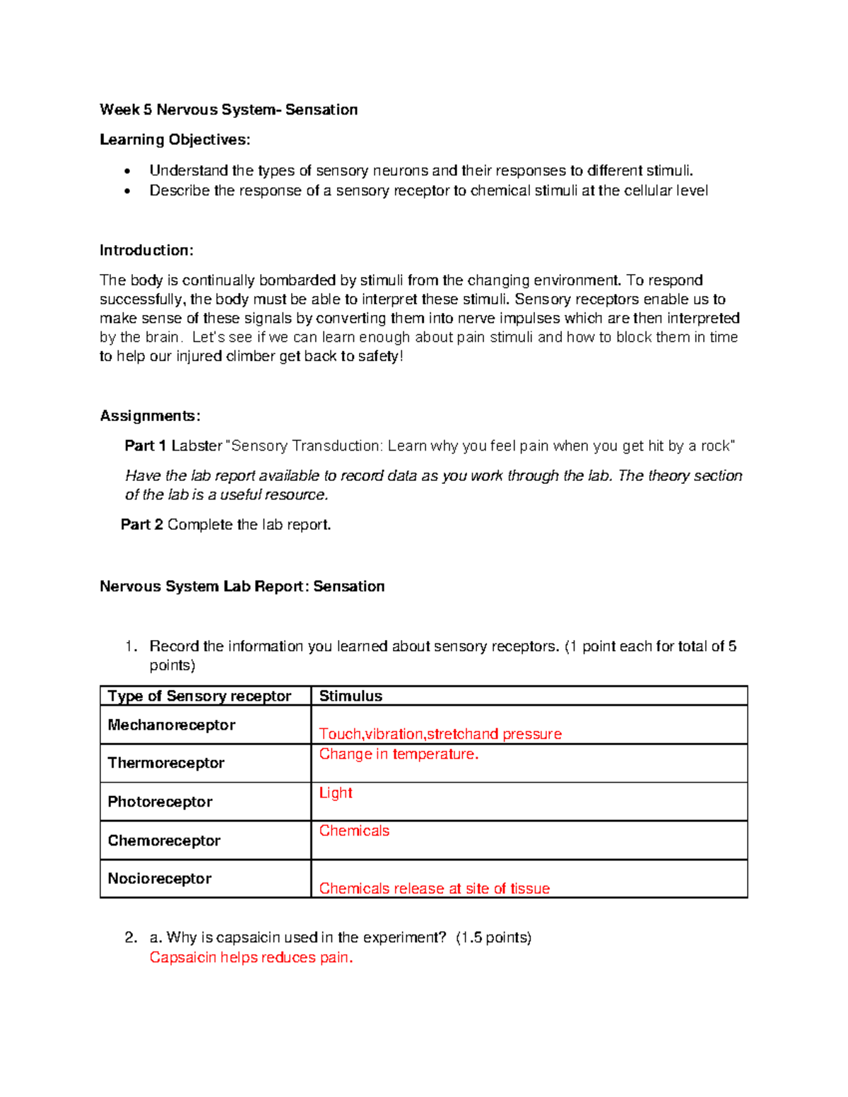 Lab Report Week % - Week 5 Nervous System- Sensation Learning ...