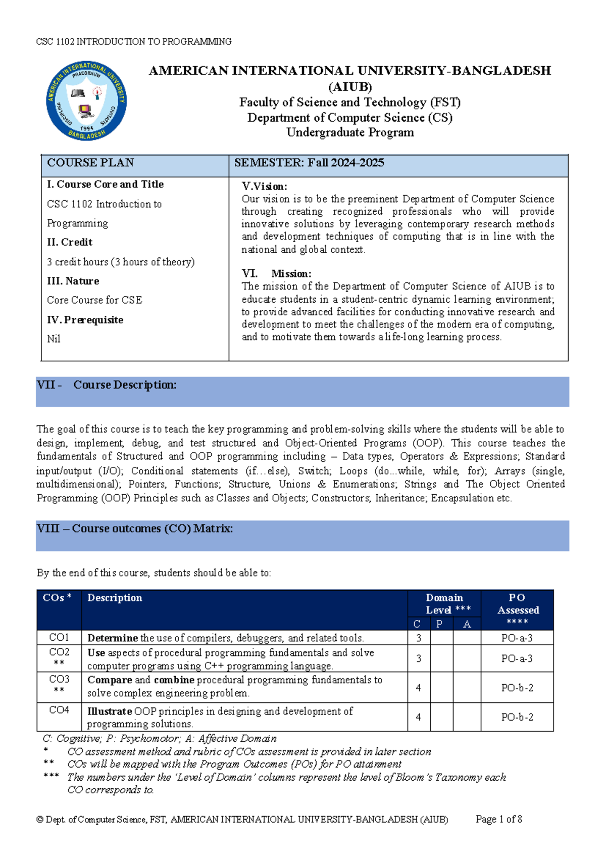 CSC 1102 Introduction to Programming (Theory) Fall 24-25 - AMERICAN INTERNATIONAL - Studocu
