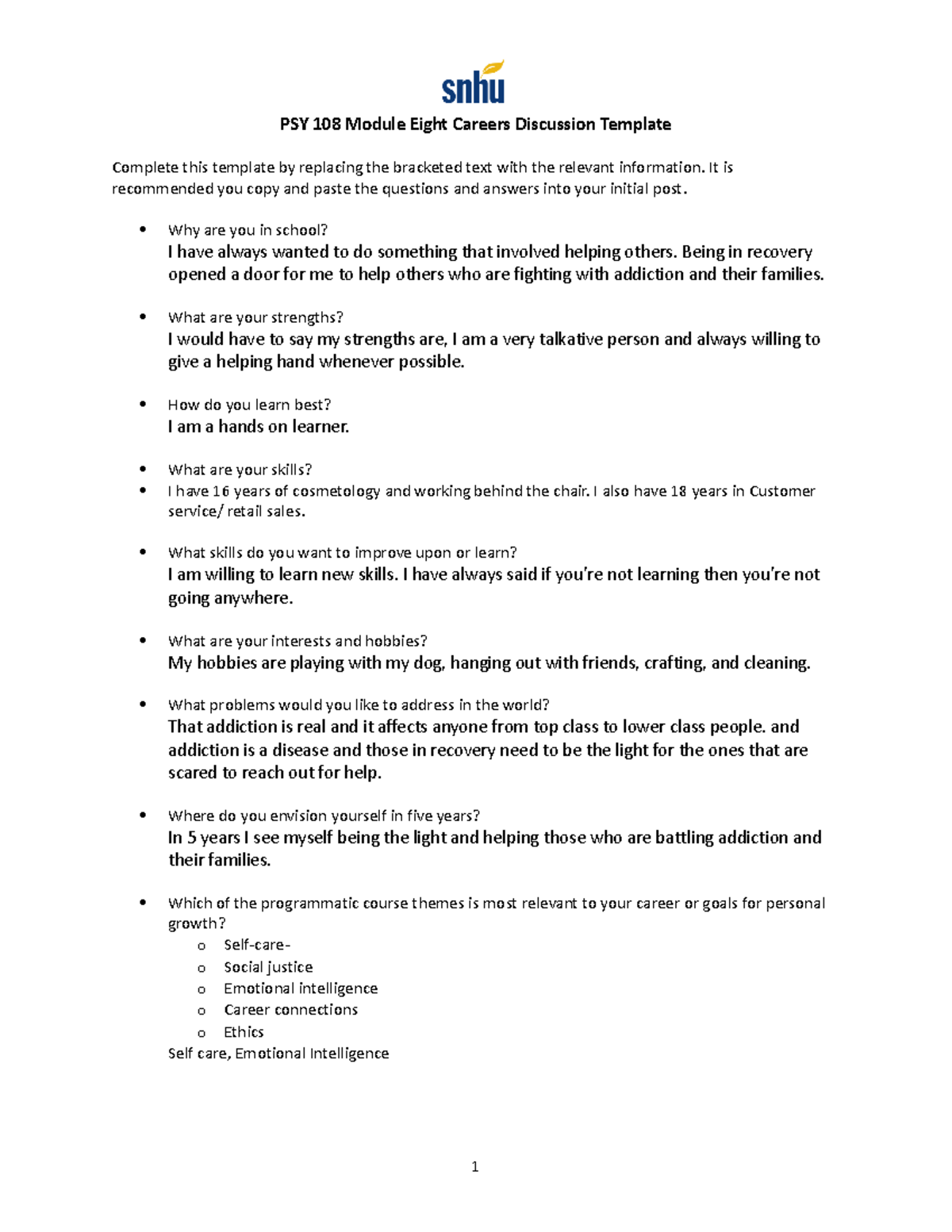 Mod 8 discussion - mod 8 - PSY 108 Module Eight Careers Discussion ...