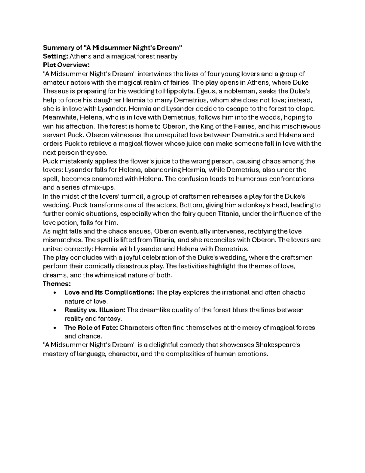 Summary of A Midsummer Night's Dream - Summary of "A Midsummer Night's ...