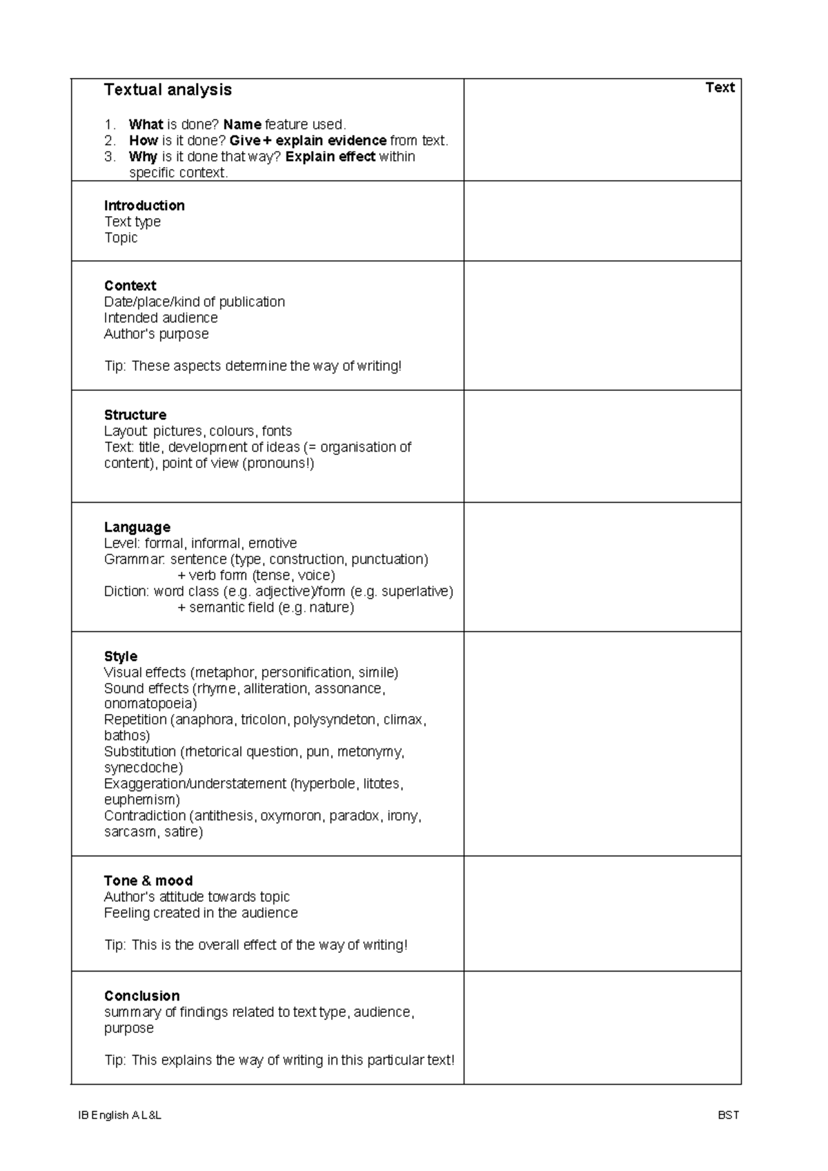 IB Textual Analysis Grid - Textual analysis 1. What is done? Name ...