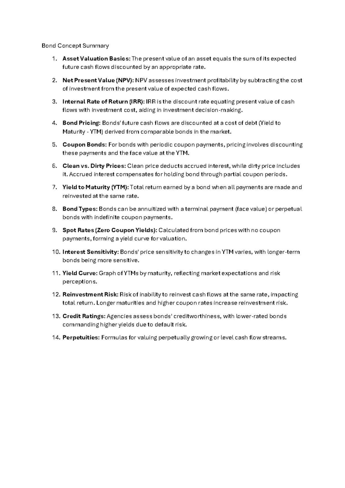 Bond Concept Summary - Asset Valuation Basics: The present value of an ...