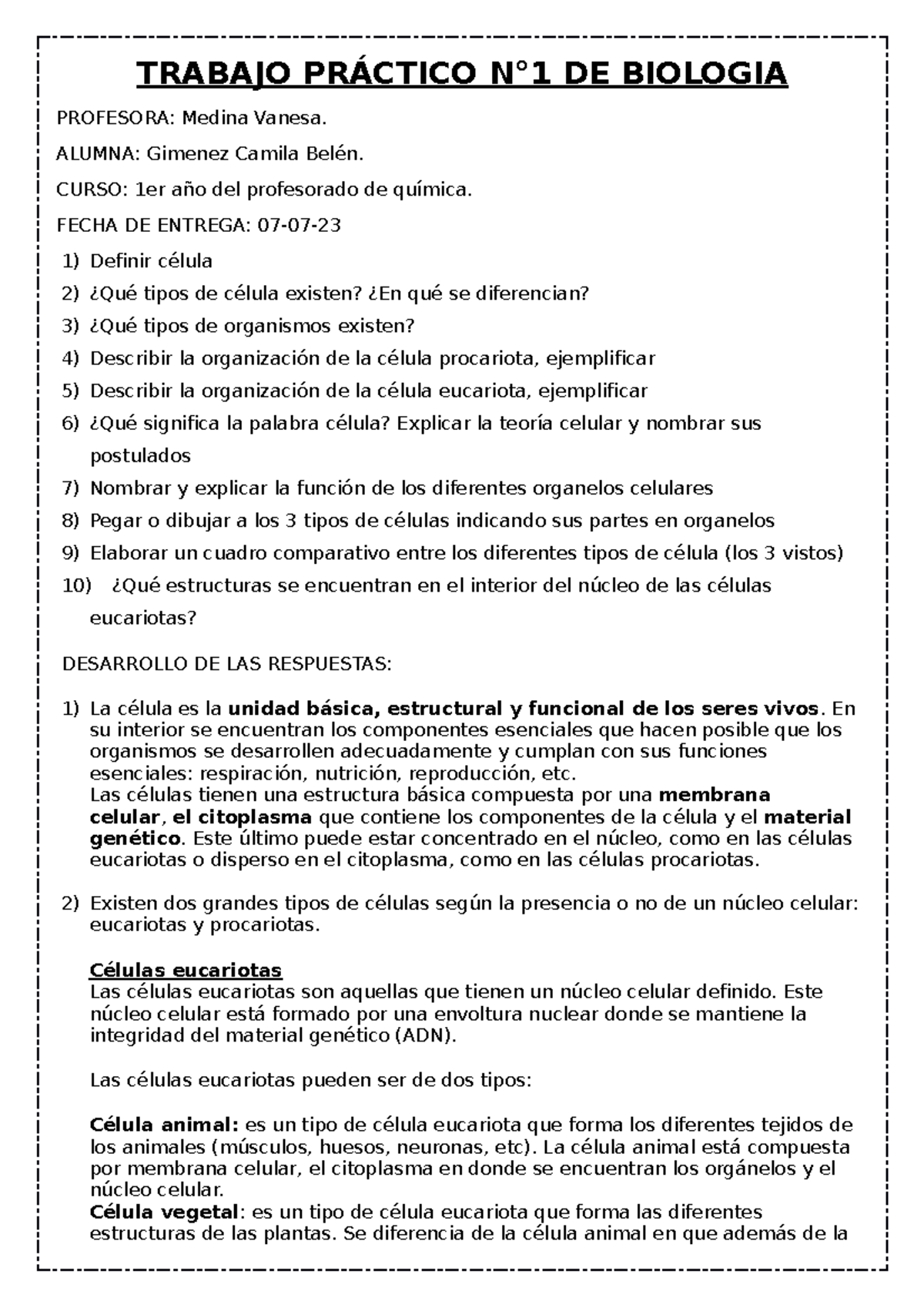 Trabajo practico n° 1 de biologia - TRABAJO PRÁCTICO N°1 DE BIOLOGIA ...