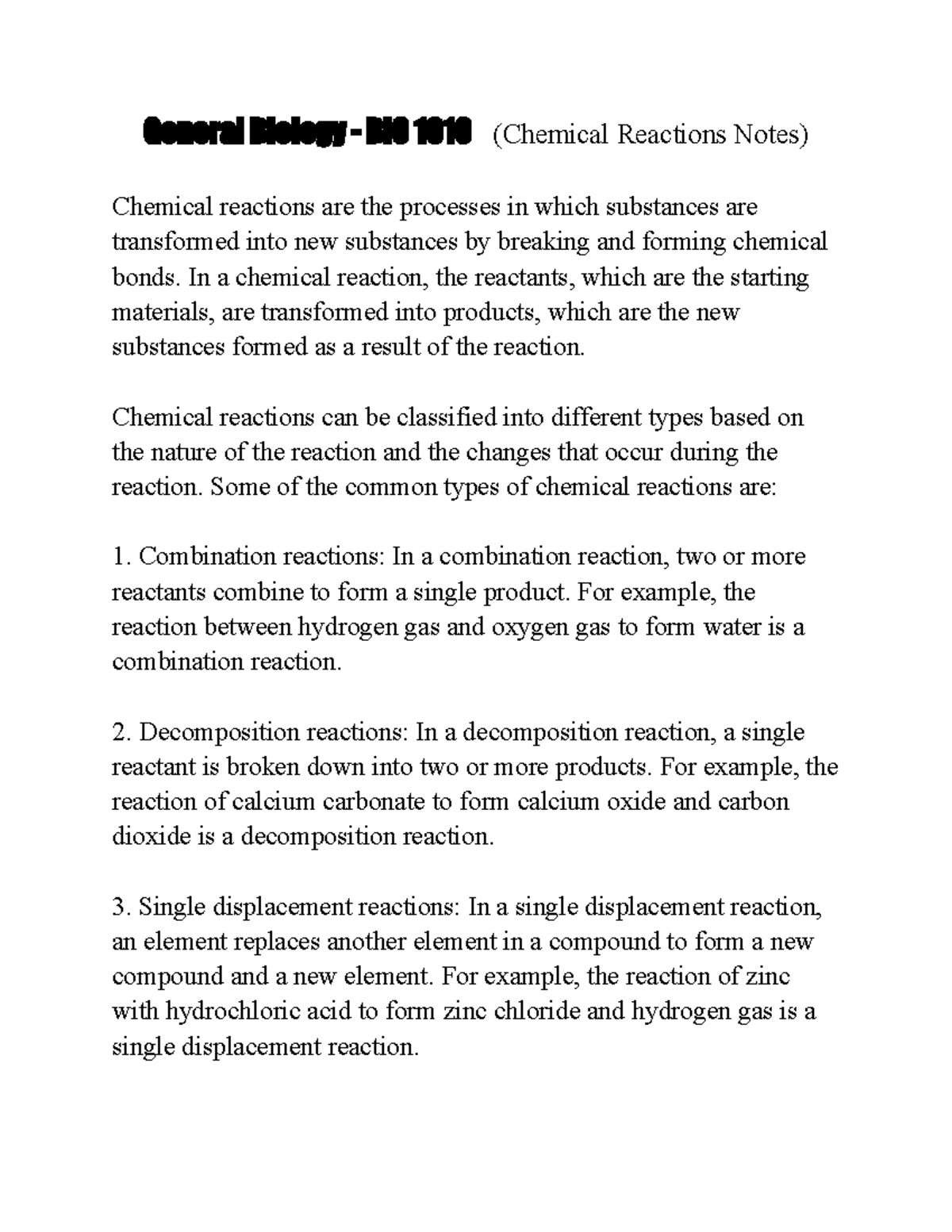 BIO - Chemical Reactions Notes - General Biology - BIO 1010 (Chemical ...