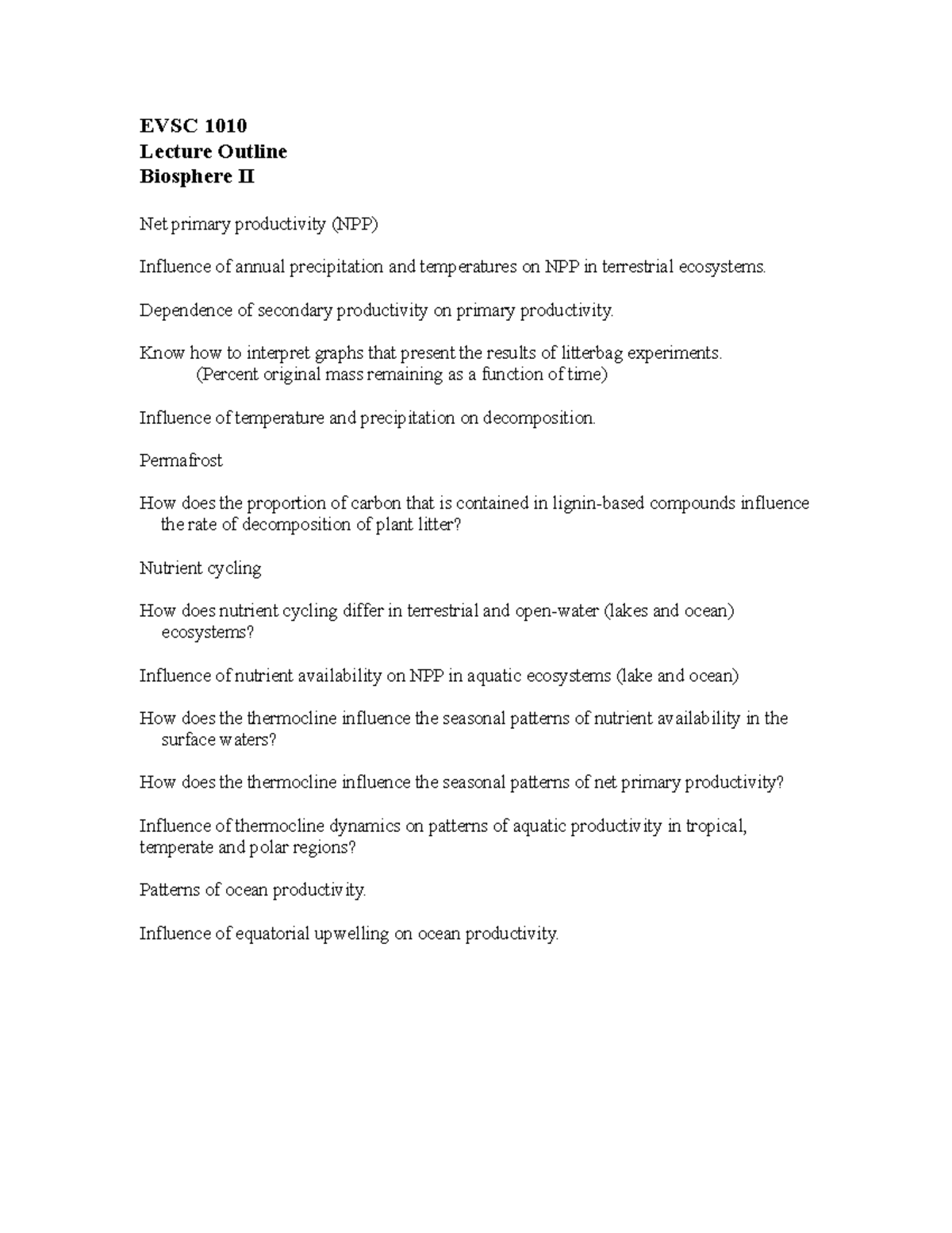 Lecture Outline-Biosphere II - EVSC 1010 Lecture Outline Biosphere II ...