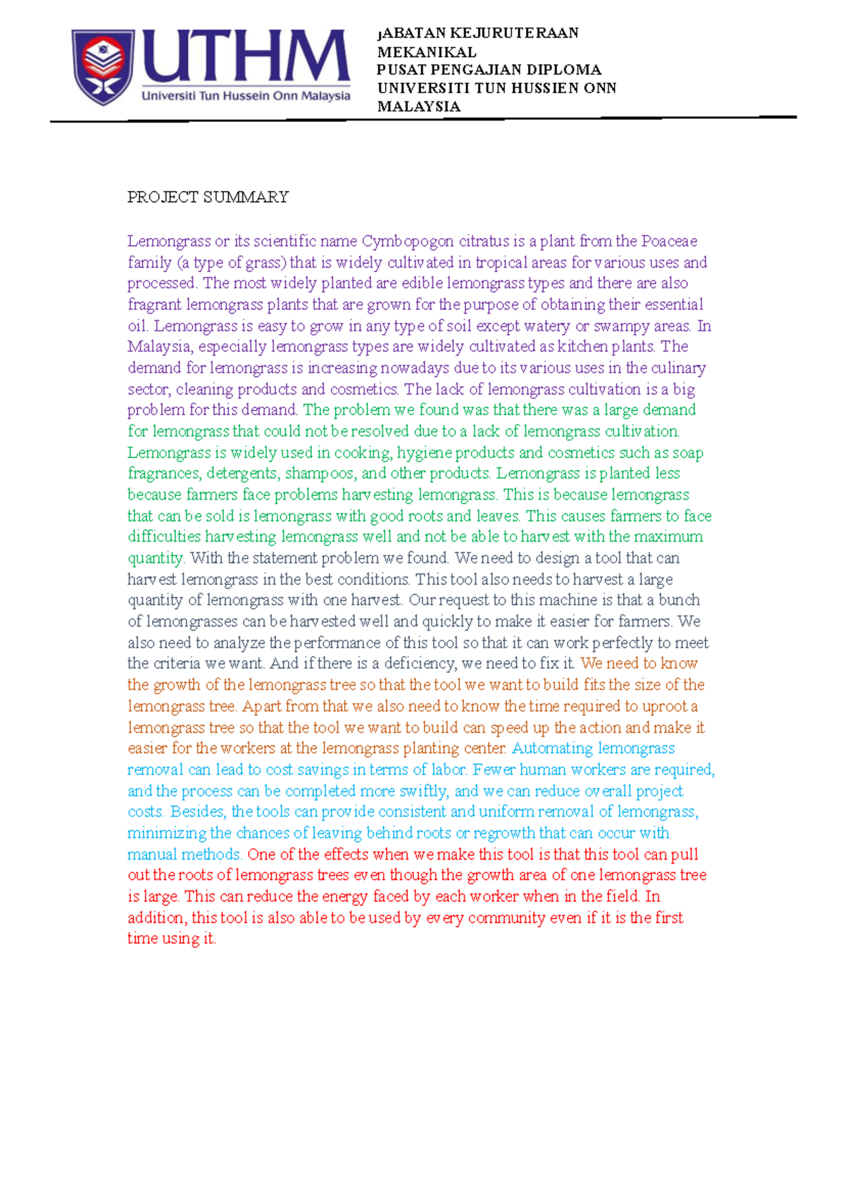 Final YEAR serai - PROJECT SUMMARY Lemongrass or its scientific name Cymbopogon citratus is a ...