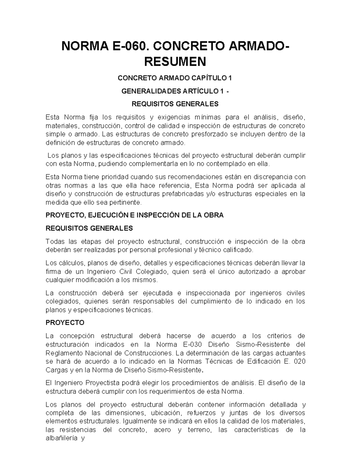 Informe Nº 8 Norma E-060 - NORMA E- 060. CONCRETO ARMADO- RESUMEN CONCRETO ARMADO CAPÍTULO 1 ...
