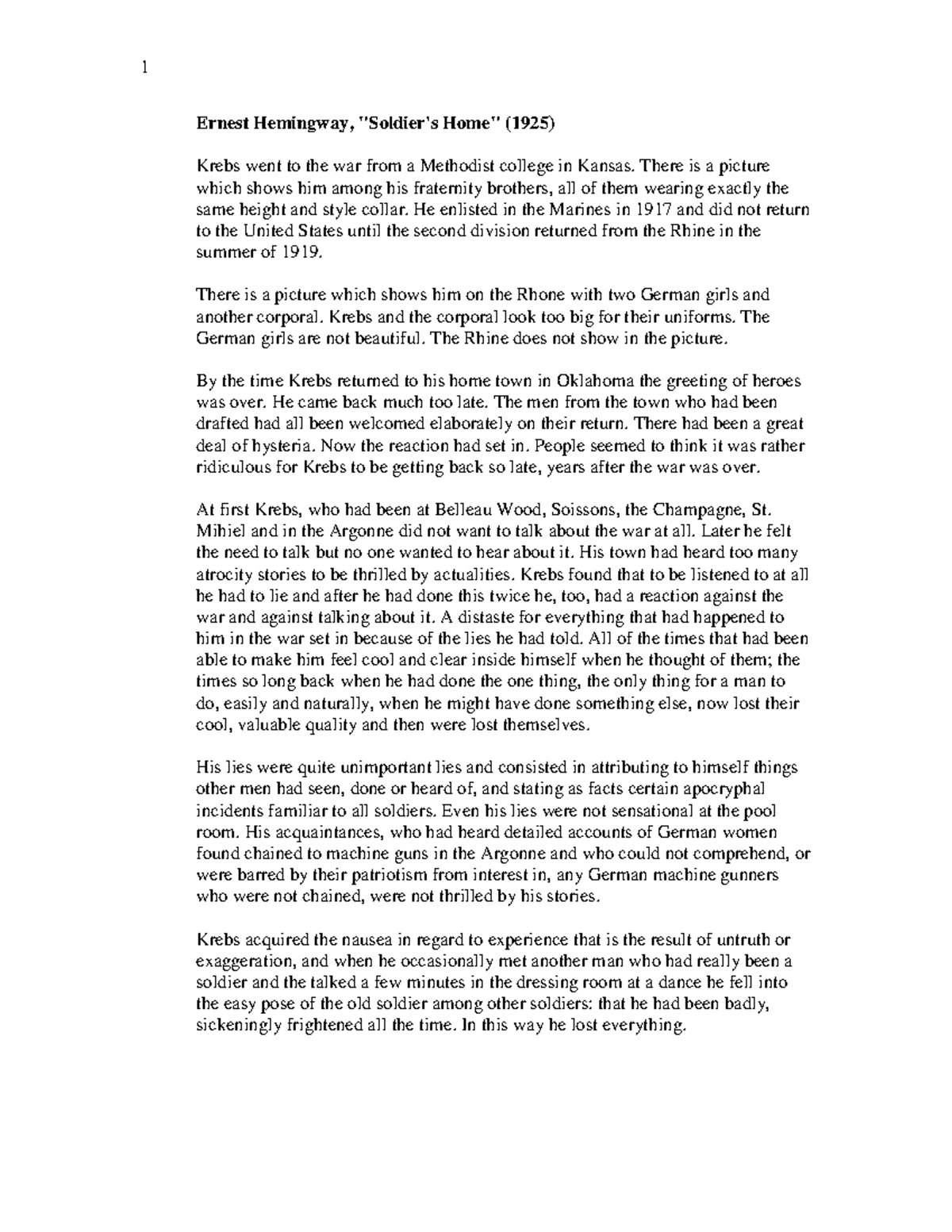 Soldiers Home- Hemingway - Ernest Hemingway, "Soldier's Home" (1925 ...