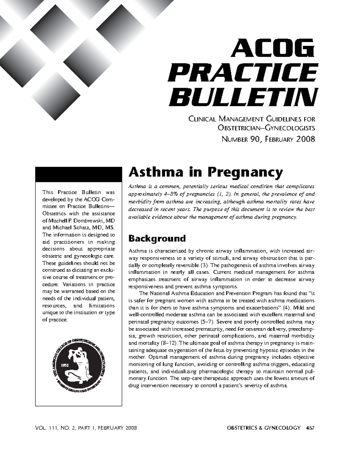 Acog practice bulletin no 90 asthma in pregnancy 2008 - ####### VOL ...