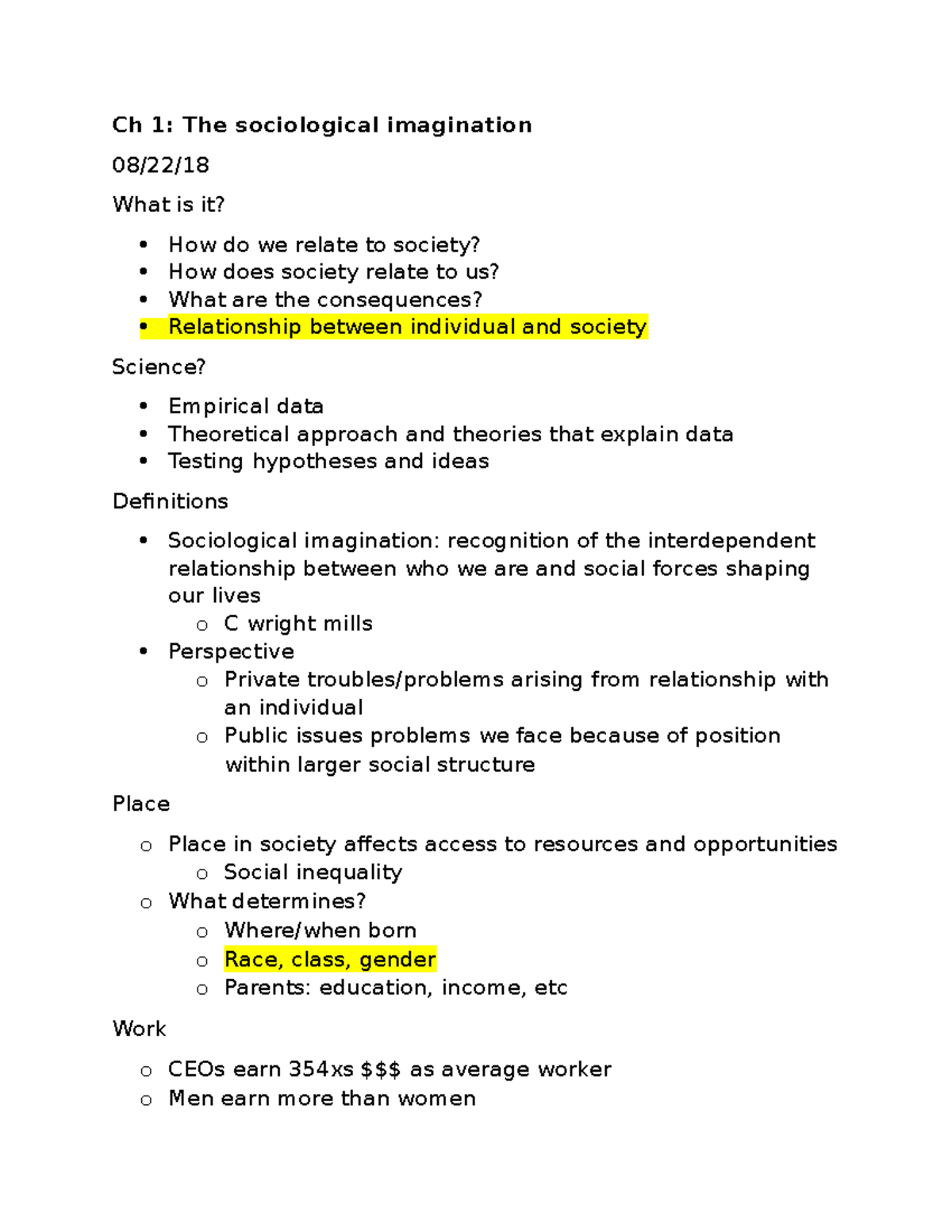 Sociology Ch 1 - ch 1 notes - Ch 1: The sociological imagination 08/22 ...
