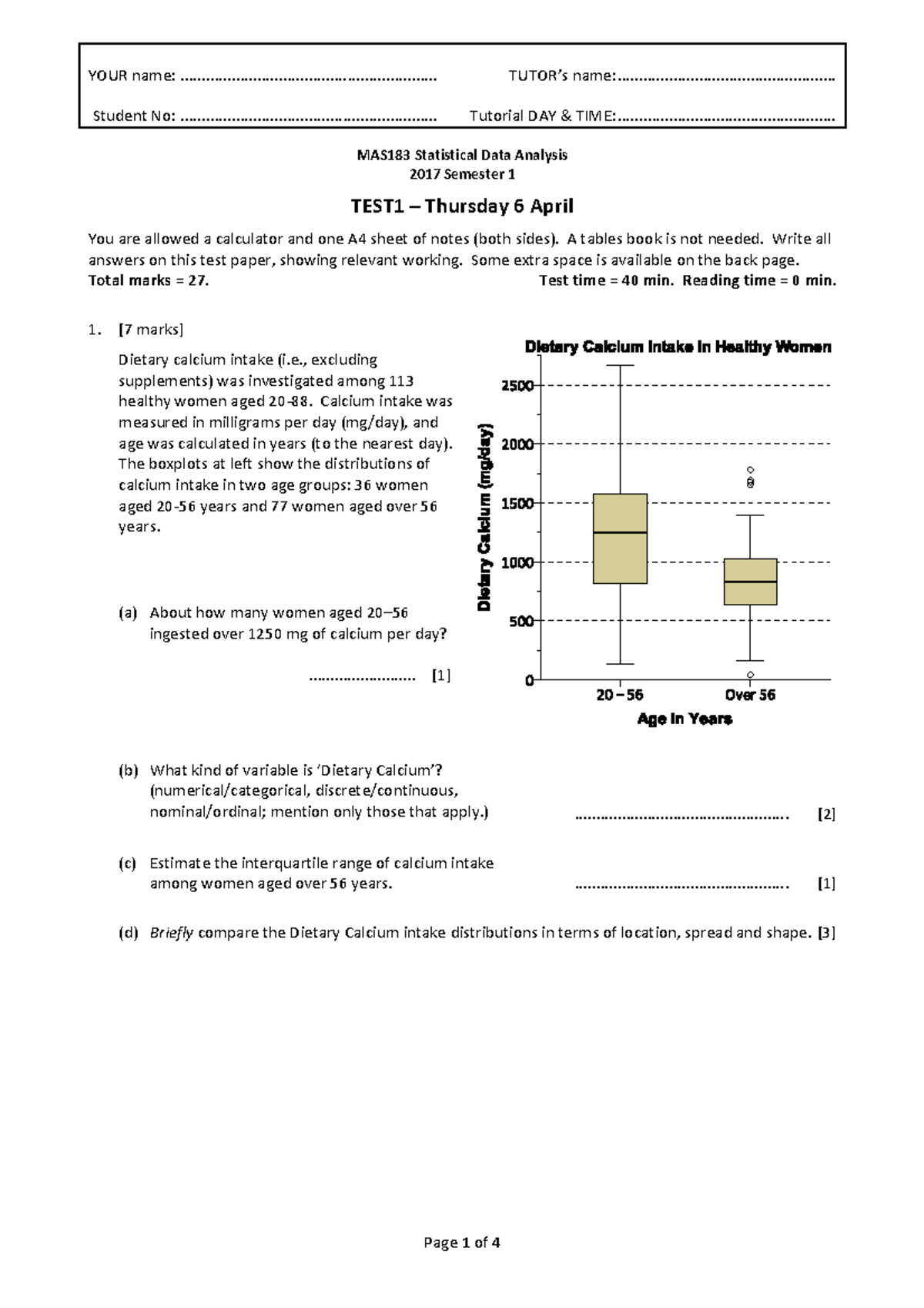 Test1a solution answers to statistical analysis. - YOUR name: - Studocu
