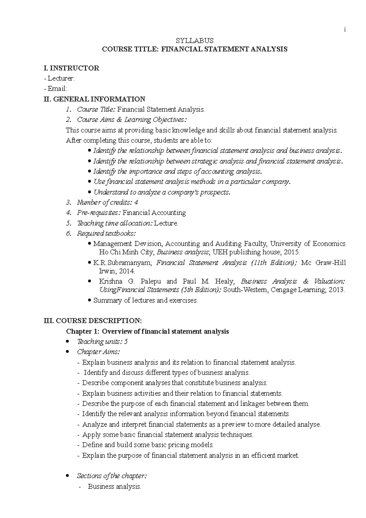 Syllabus - Financial Statement Analysis - SYLLABUS COURSE TITLE ...