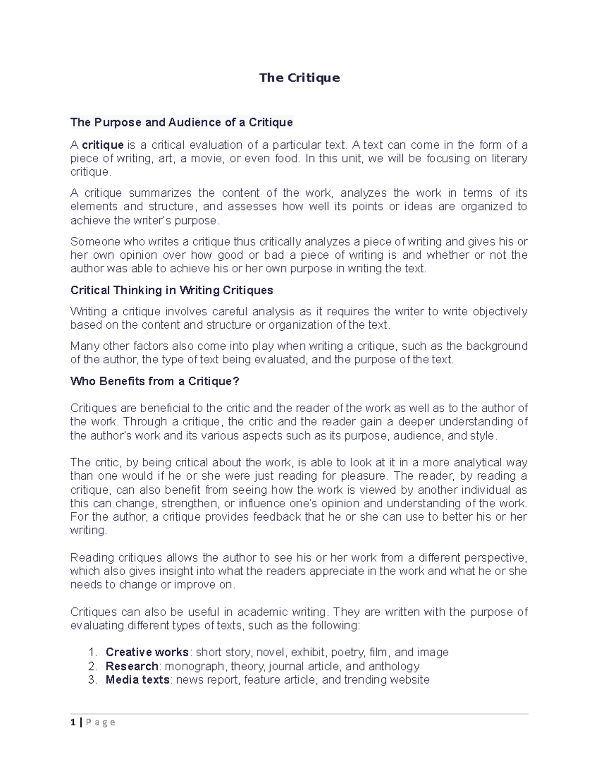 The Critique - The Critique The Purpose and Audience of a Critique A ...