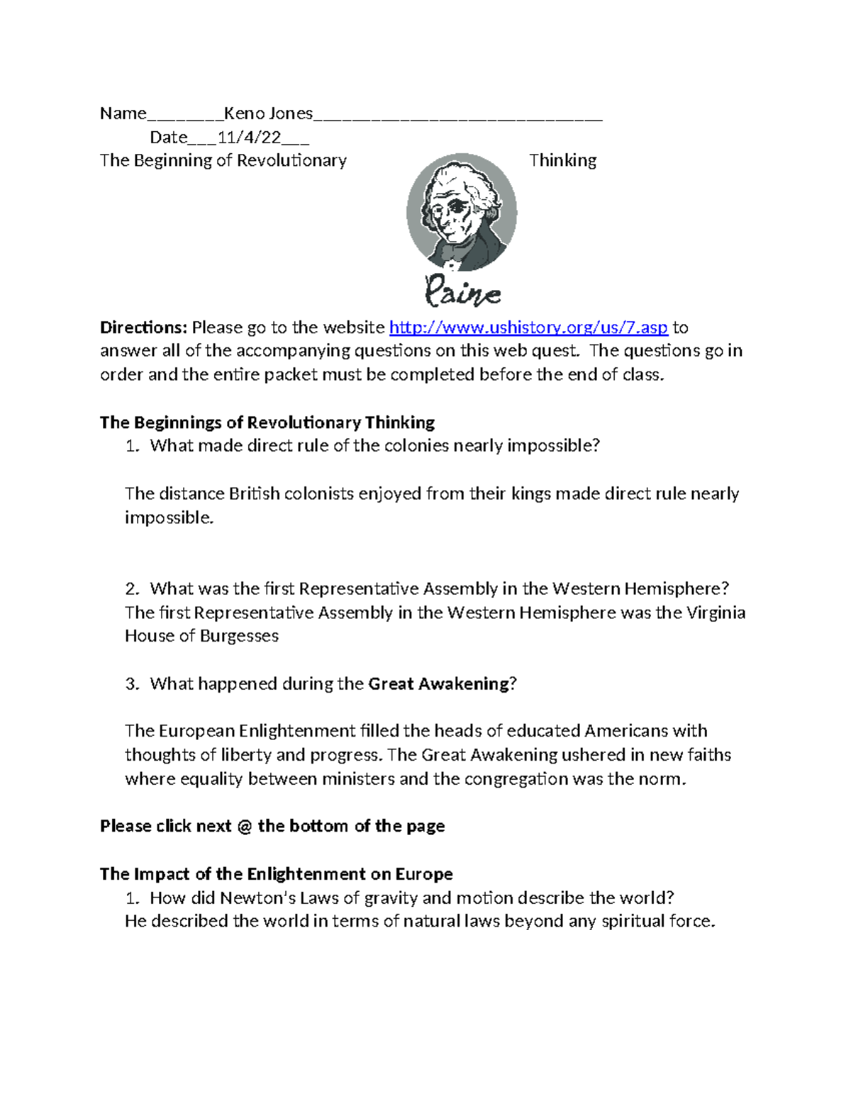 Revolutionary thinking web quest - Name________Keno Jones