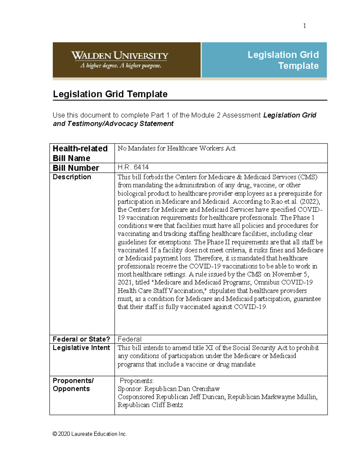 WK4Assgn - Part 1: Legislation Grid Based on the health-related bill ...