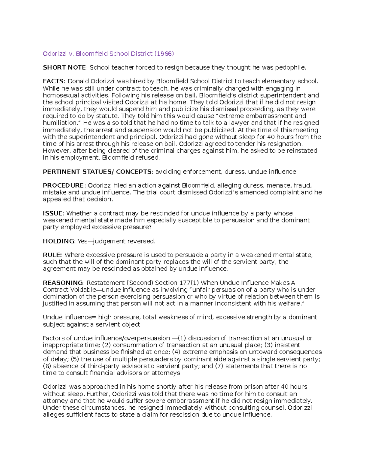 Contracts Law Outline - 2 - Odorizzi v. Bloomfield School District (1966) SHORT NOTE: School ...