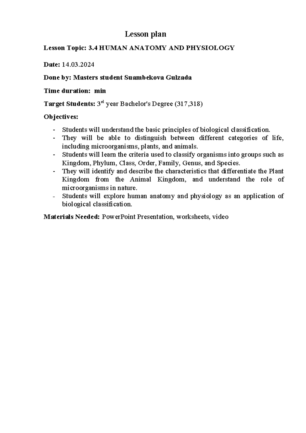 Lesson plan Review - Lesson plan Lesson Topic: 3 HUMAN ANATOMY AND ...