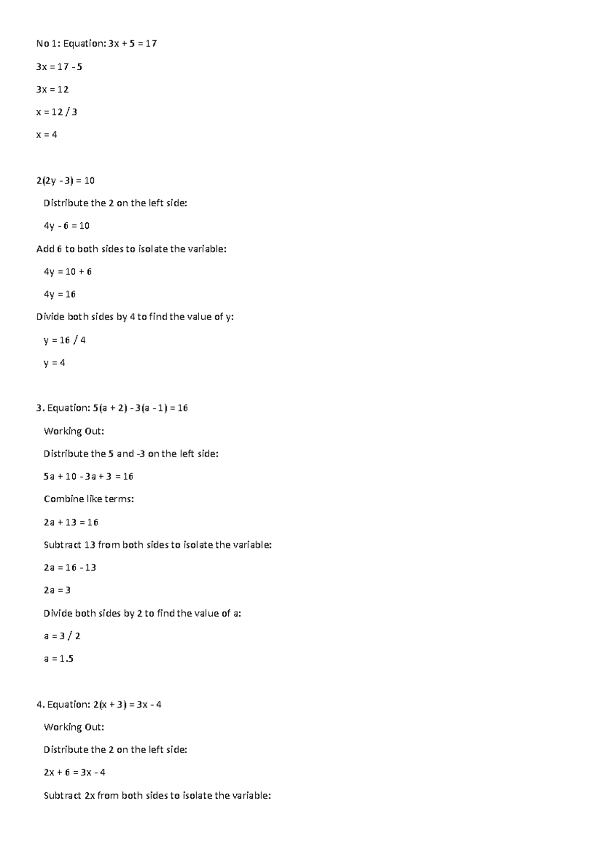 Algebra 1 - Equations with workings out and answers - No 1: Equation ...