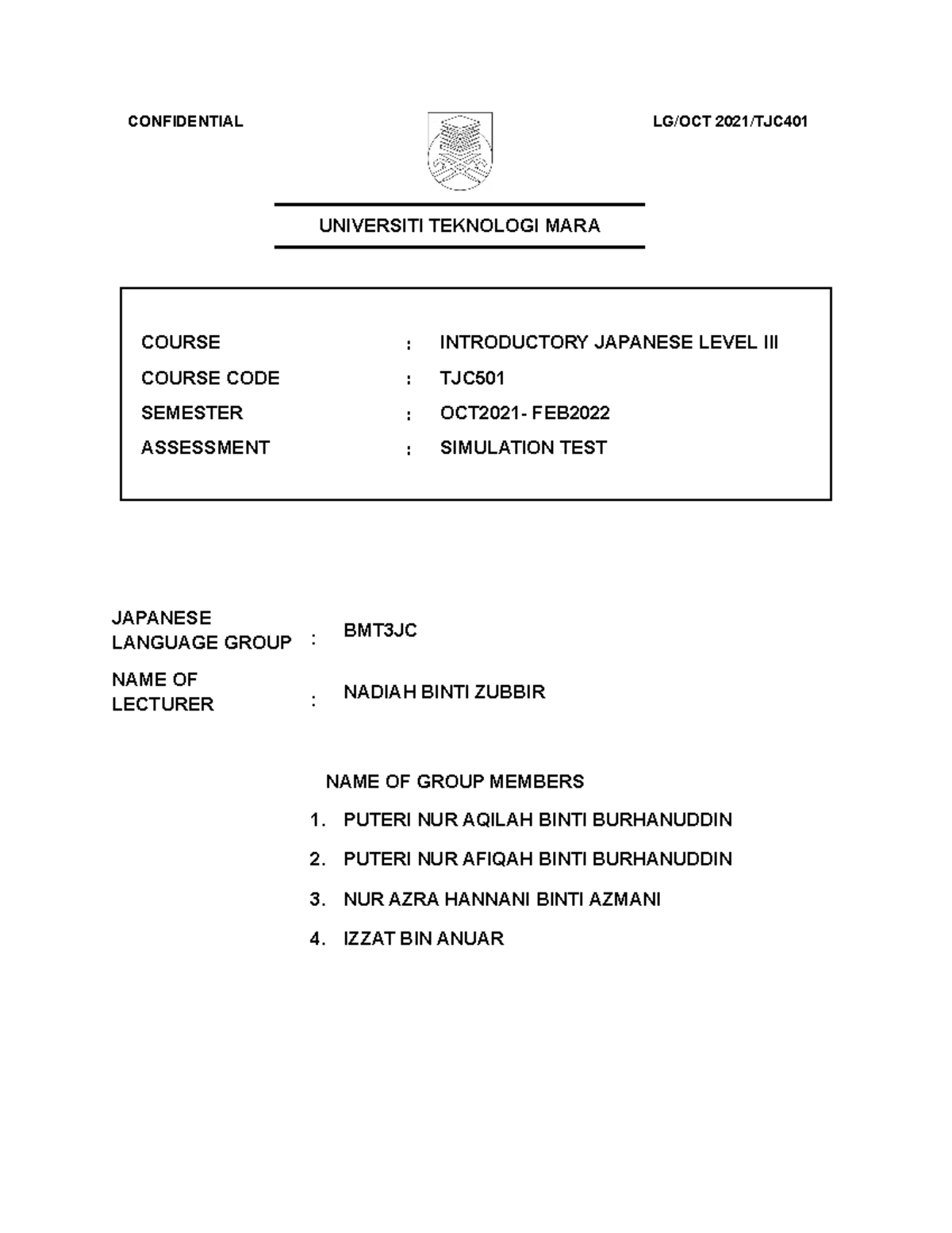 Script Format Simulation Test Confidential Lg Oct 2021 Tjc Universiti