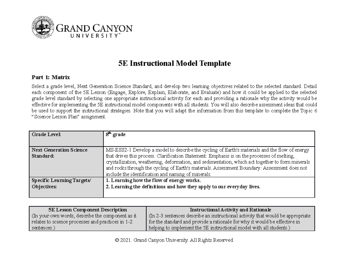 ELM 361 RS 5E Instructional Model Template - 5E Instructional Model ...