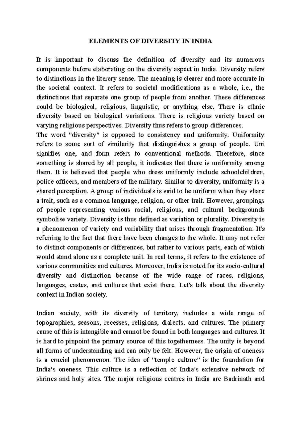 Elements OF Diversity IN India - ELEMENTS OF DIVERSITY IN INDIA It is ...