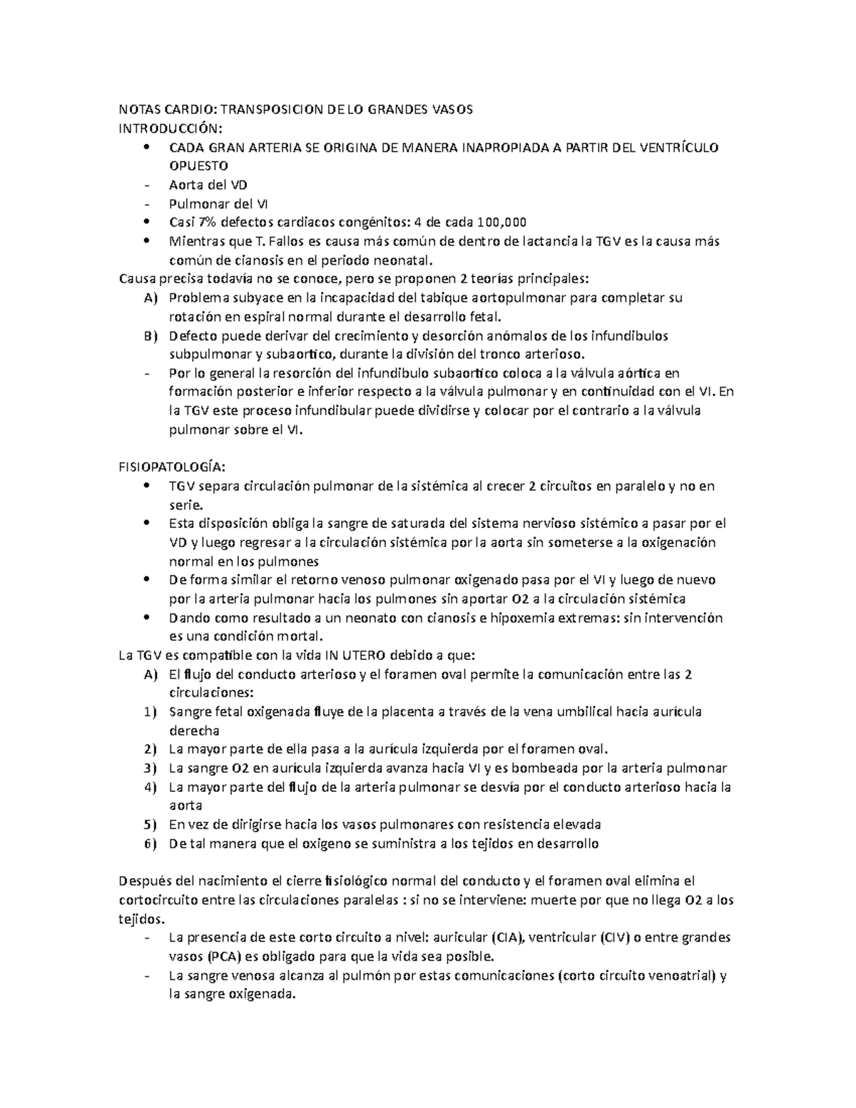 Notas Del tema TRANSPOSICIÓN DE LOS GRANDES VASOS / ARTERIAS (TGV, TGA ...